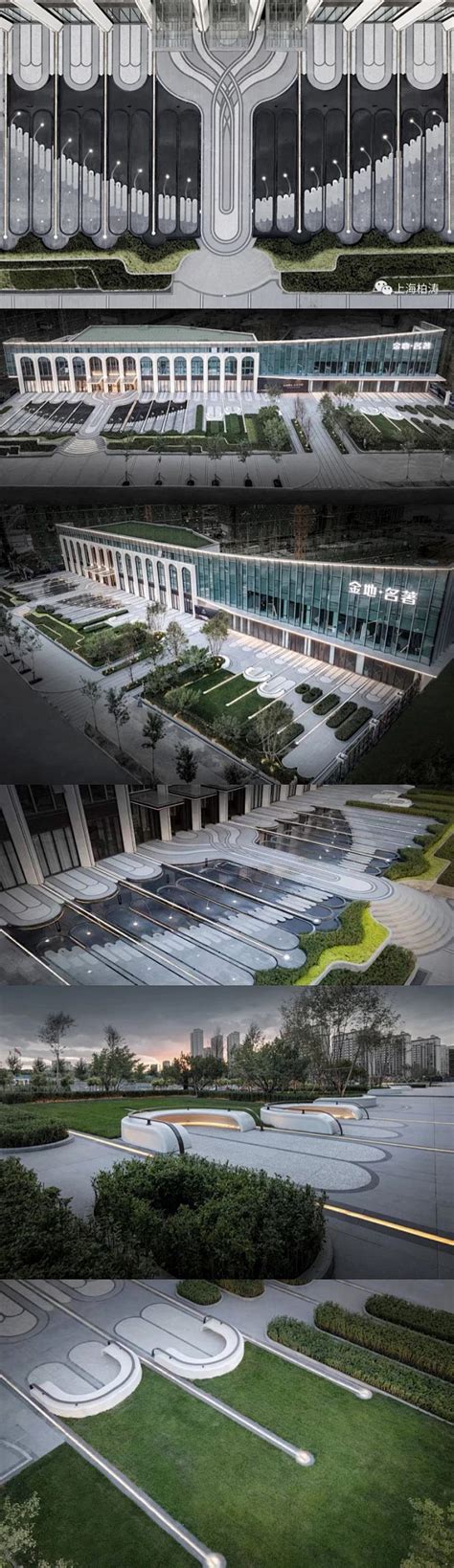 长春金地·名著 横向开展的空间，作为迎宾第一界面，大气而具有序列感，通过经典元素使建筑与景观融为一体，令小场地也绽放出异样的光彩与气势。 入口界面作为人们第一印象，利用场地高差设计台地花园