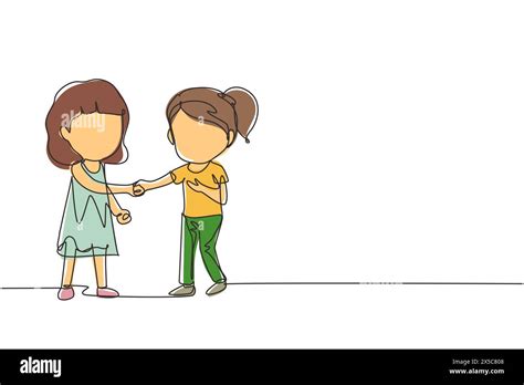 Single One Line Drawing Girls Standing And Shaking Hands Making