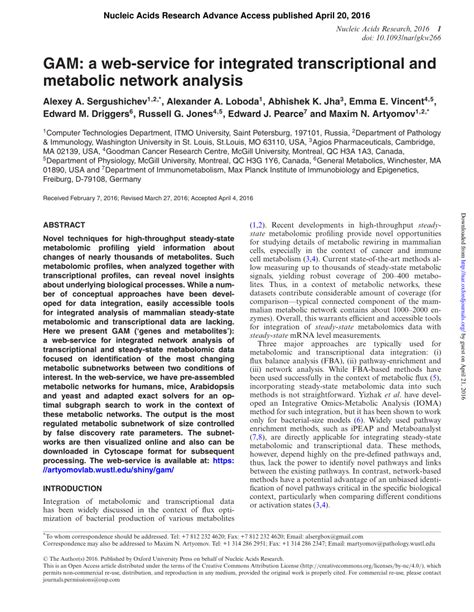 Pdf Gam A Web Service For Integrated Transcriptional And Metabolic Network Analysis