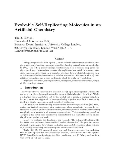 Evolvable Self Replicating Molecules In An Artificial Chemistry Pdf