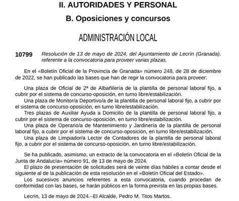 Plazas concurso oposición Ayuntamiento de Lecrín