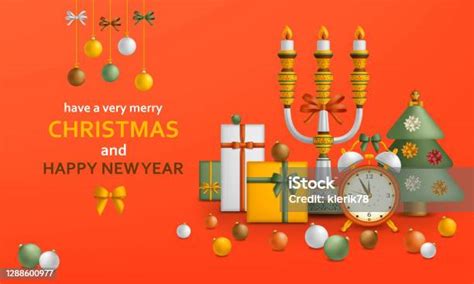 메리 크리스마스 배경과 새해 복 많은 황금 공 선물 상자와 알람 시계 3차원 형태에 대한 스톡 벡터 아트 및 기타 이미지 3