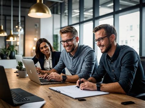 Team Members Collaborating In Open Office Premium Ai Generated Image