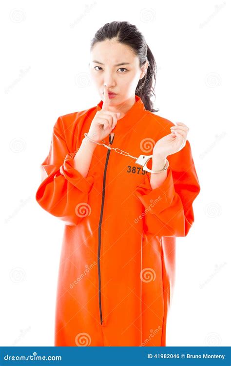 Mit Handschellen Gefesselte Asiatische Junge Frau Die Mit Dem Finger
