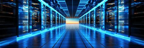 Modern Data Center With State Of The Art Server Racks Emitting A Captivating Blue Glow Stock