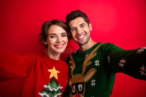 Photo Of Lady Guy Have Fun On Christmas Event Recording Video Selfie