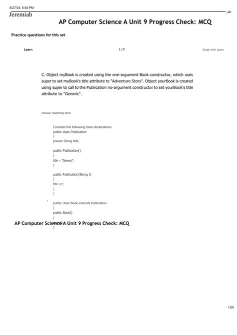 ap computer science a unit 9 progress check mcq questions with correct answers pdf cgfm