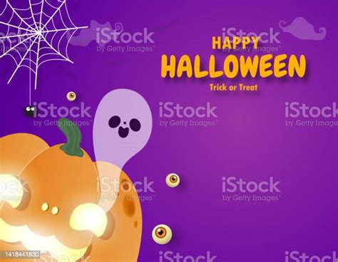 해피 할로윈 트릭 또는 치료 종이 컷 스타일 호박과 유령 재미있는 파티 축하 초대장 배너 템플릿 포스터 배경 벡터 일러스트 레이 션 10월에 대한 스톡 벡터 아트 및 기타