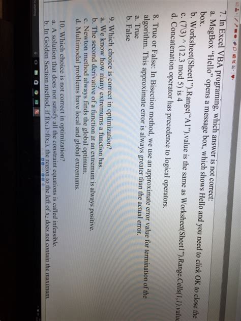 Solved In Excel Vba Programming Which Answer Is Not Chegg