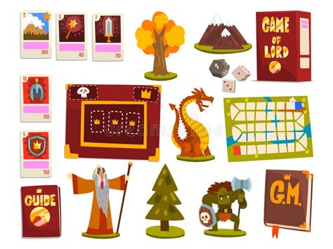 Fantasy Magic Board Game Elements With Map And Cards Vector Set Stock