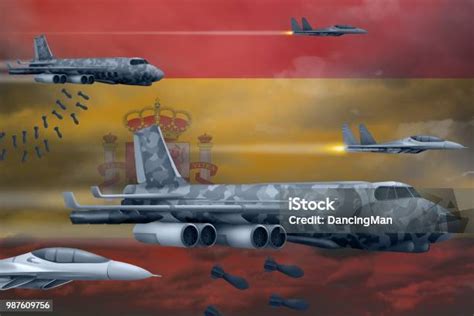 스페인 공군 폭격 공격 개념 스페인 육군 항공 비행기 국기 배경에 폭탄 드롭 3 차원 일러스트 레이 션 군사에 대한 스톡 사진