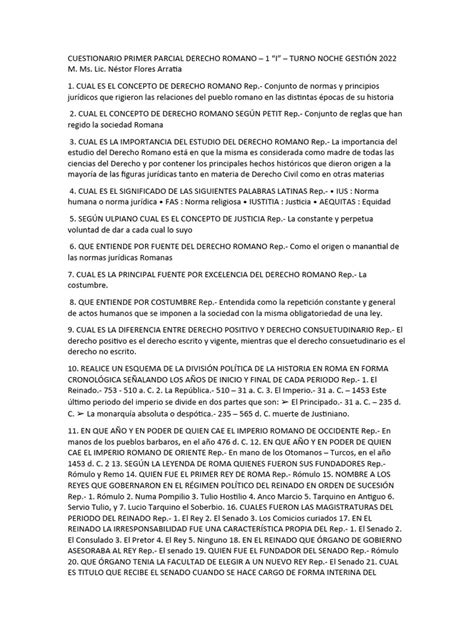 Cuestionario Primer Parcial Derecho Romano Examen Pdf Republica