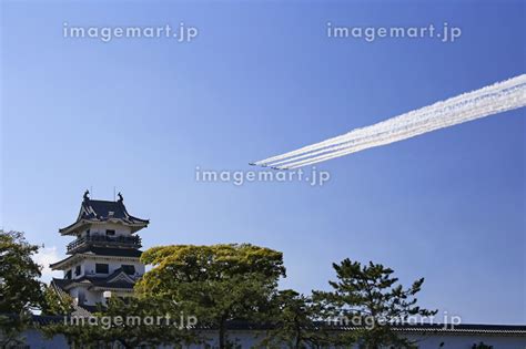 青空に映える天守閣に向かって編隊を組んで飛ぶブルーインパルスの写真素材 239633364 イメージマート
