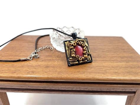 Red Fused Glass Black Framed Pendant Necklace With Gold Tone Etsy