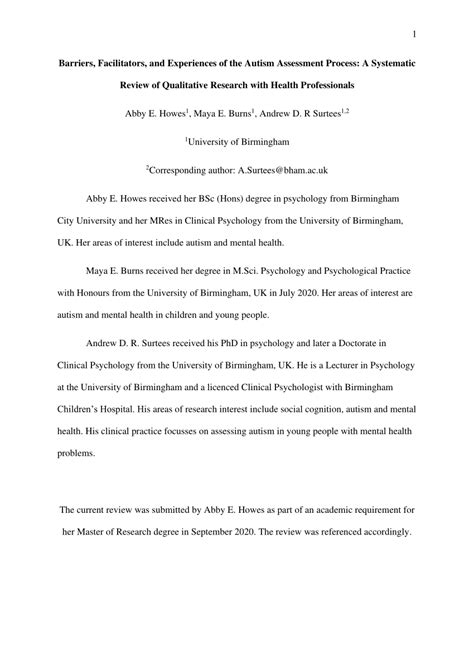 Pdf Barriers Facilitators And Experiences Of The Autism Assessment