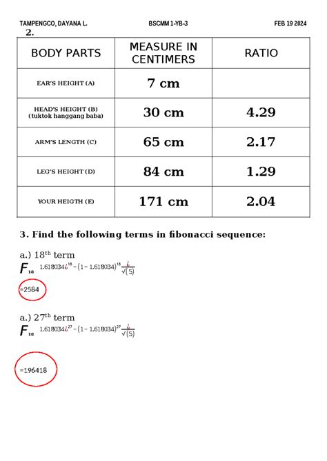 Matm Assignment 1 Essay Tampengco Dayana L Bscmm 1 Yb 3 Feb 19 2024 2 Body Parts Measure