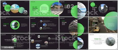 최소한의 프레 젠 테이 션 디자인 검은 배경에 녹색 화려한 원 요소와 포트폴리오 벡터 템플릿 프레 젠 테이 션 슬라이드 전단지 전단지 브로셔 표지 보고서에 대 한 다목적