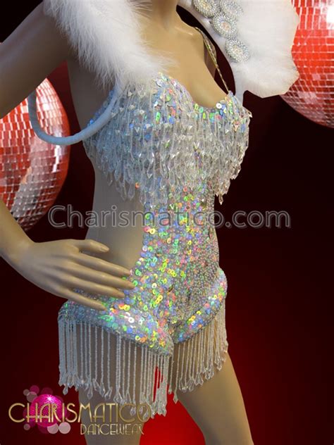 White Crystal Accented Showgirls Leotard Headdress And Backpack