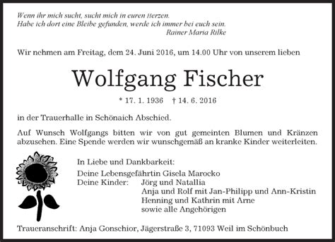 Traueranzeigen Von Wolfgang Fischer Kreiszeitung Böblinger Bote