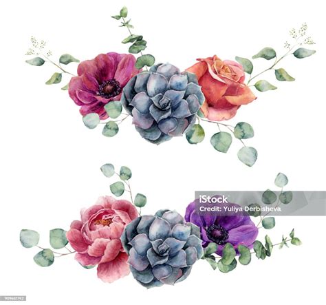 수채화 꽃 요소 흰색 배경에 고립입니다 빈티지 스타일 꽃다발 유 분기 로즈 Succulents 작 약 아 네모 네 꽃 나뭇잎 꽃