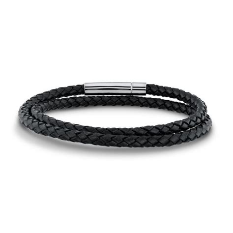 Mens Braided Black Leather Double Wrap Bracelet Reeds Jewelers