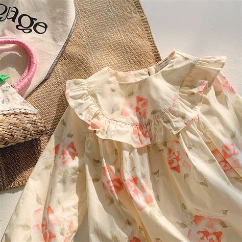 Badu Bg Корейска детска рокля с волани за момичета 2023 Пролетна флорална щампа Сладка детска