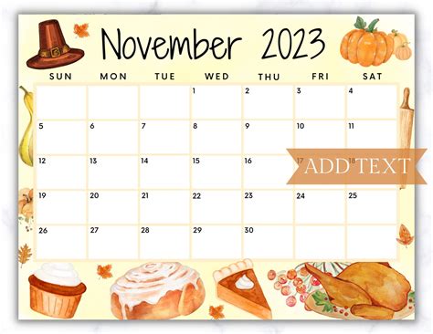 Editable November 2023 Calendar Printable Wall Calendar 2023 Cute