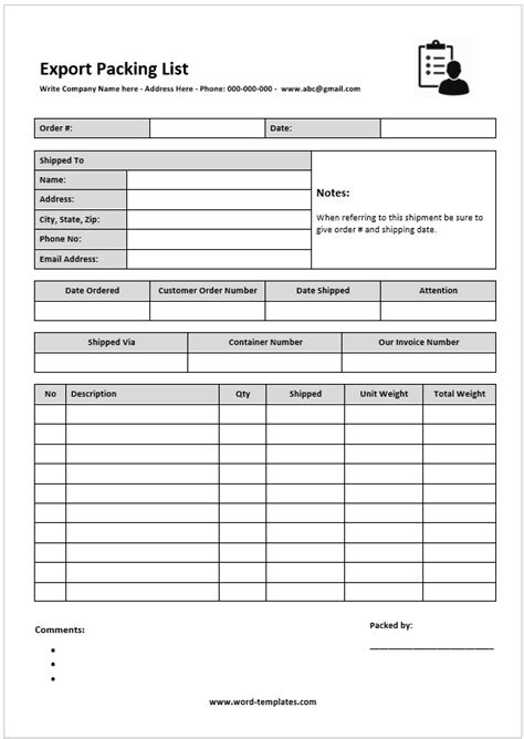 Free Export Packing List Templates MS Word DOCX
