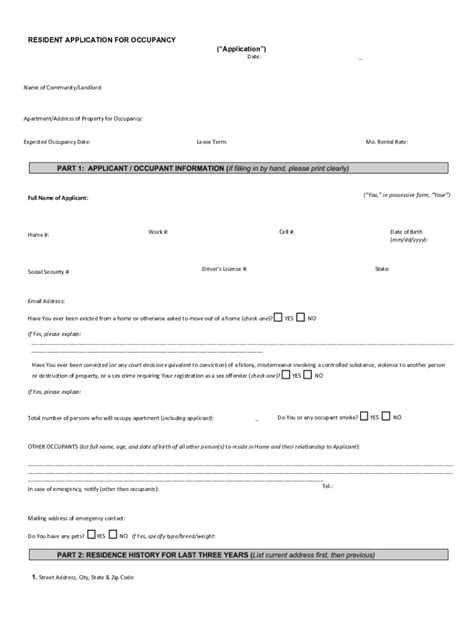 Fillable Online Resident Application For Occupancy Fax Email