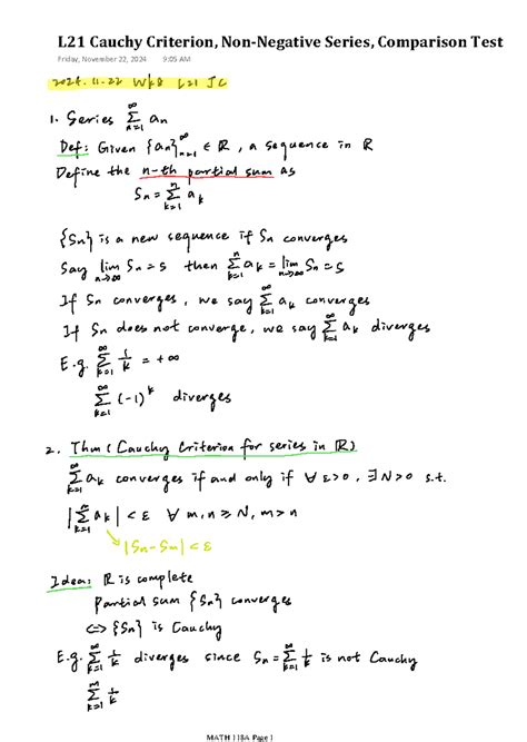 Math 118a L21 Series Cauchy Criterion Non Negative Series Comparison