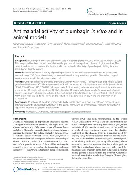 Pdf Antimalarial Activity Of Plumbagin In Vitro And In Animal Models