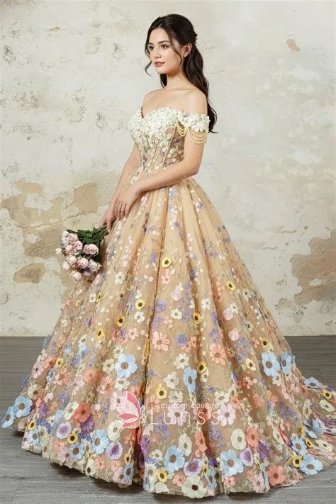 Multi Color 3d Flower Lace Pearled Straps Prom Ball Gown Lunss