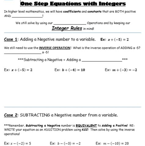 One Step Equations With Integers Addition And Subtraction Guided Notes
