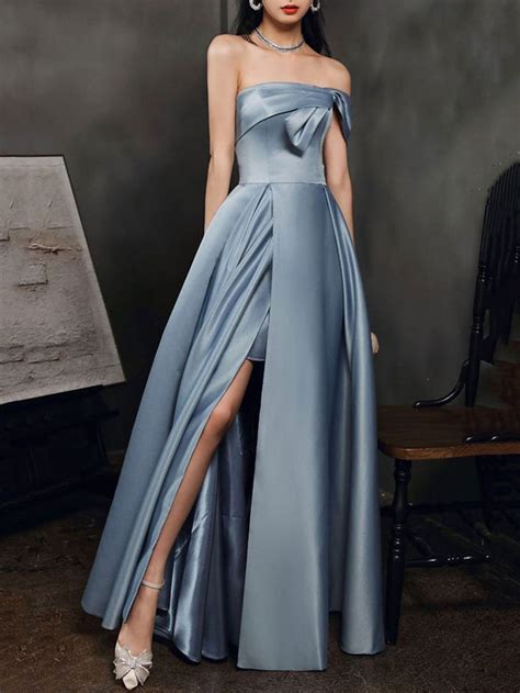 Simple A Line Satin Gray Blue Long Prom Dress Gray Blue Long