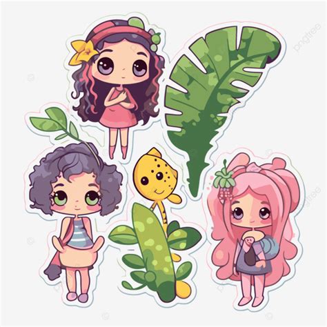 분홍색 머리를 가진 귀여운 소녀들이 등장하는 미니 스티커 4개 벡터 적응 상표 만화 Png 일러스트 및 벡터 에 대한