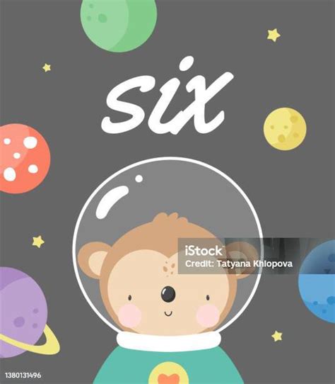 생일 파티 인사말 카드 파티 초대장 귀여운 원숭이 코스모나우트와 비문 여섯 아이 일러스트 만화 스타일의 벡터 일러스트레이션 T 셔츠에 대한 스톡 벡터 아트 및 기타 이미지