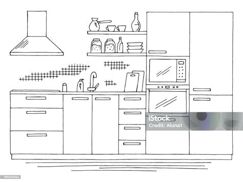 Ruang Dapur Grafis Hitam Putih Rumah Interior Sketsa Ilustrasi Vektor