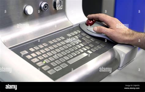 Close Up Of Man Operating Modern Control Panel Scene Modern Control Panel With Keyboard And