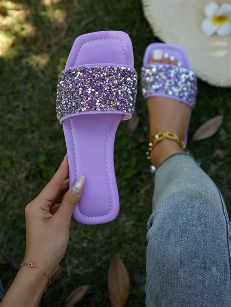 Women Rhinestone Decor Slide Sandals Glamorous Glass Flat Sandals