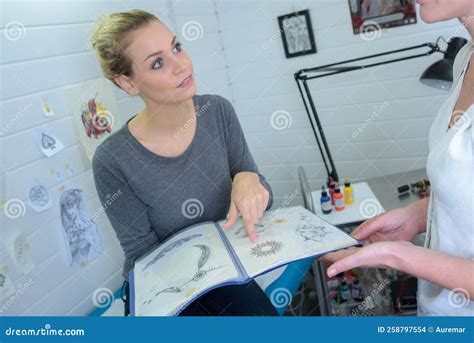 Portrait Women Choosing Tattoo Design Stock Photo Image Of Style