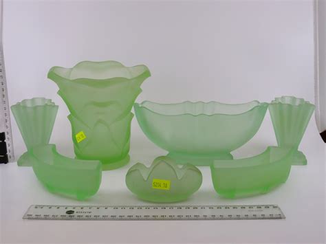 Lot 7 Frosted Green Glass Vases