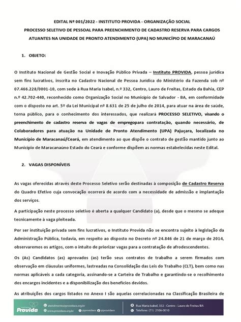 Edital Processo Seletivo Celetista 0012022 Upa Pajucara Maracanau