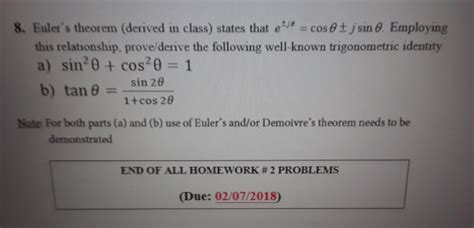 Solved Euler S Th Eorem Derived In Class States That Chegg