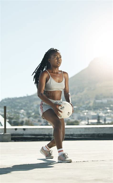City Girl And Soccer On Rooftop For Sports Fitness Training With