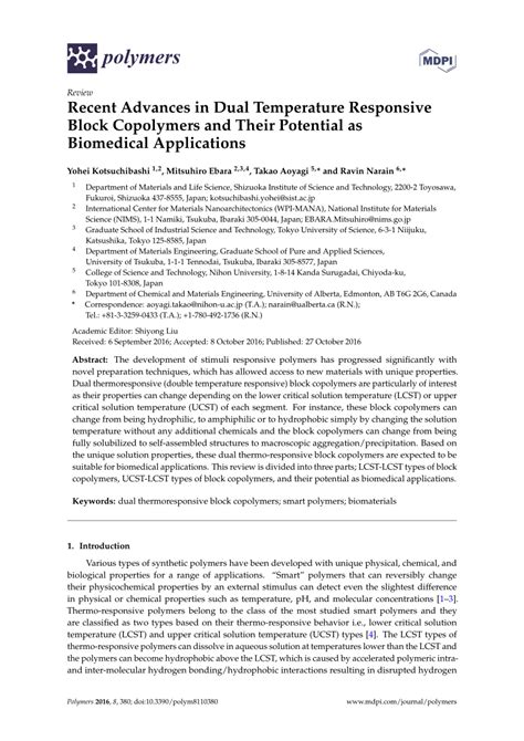 Pdf Recent Advances In Dual Temperature Responsive Block Copolymers