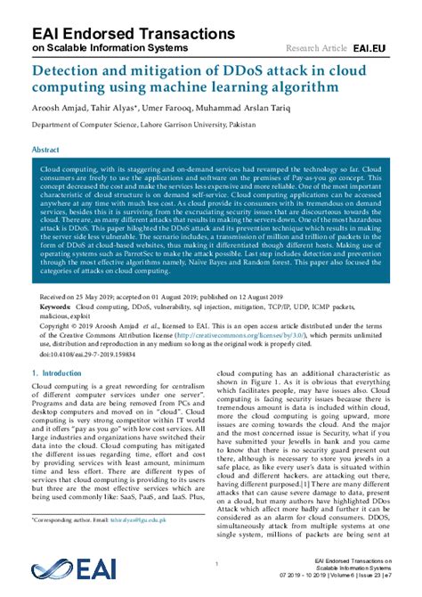 Pdf Detection And Mitigation Of Ddos Attack In Cloud Computing Using Machine Learning Algorithm