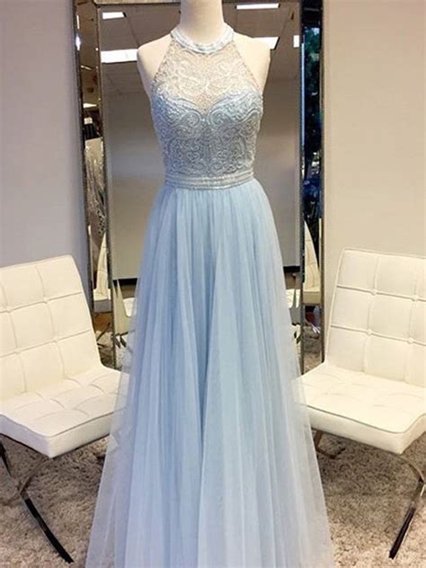 Sexy Prom Dresses Halter A Line Light Sky Blue Tulle Prom Dressevenin