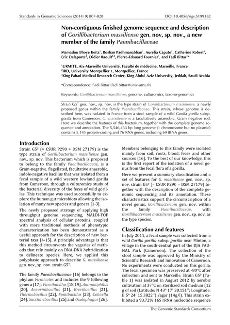 Pdf Non Contiguous Finished Genome Sequence And Description Of Gorillibacterium Massiliense