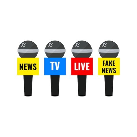 뉴스 마이크 아이콘 세트 흰색 배경에 고립입니다 뉴스 Tv 라이브 및 가짜 뉴스 텍스트 인터뷰 기호 컬렉션이 있는 마이크