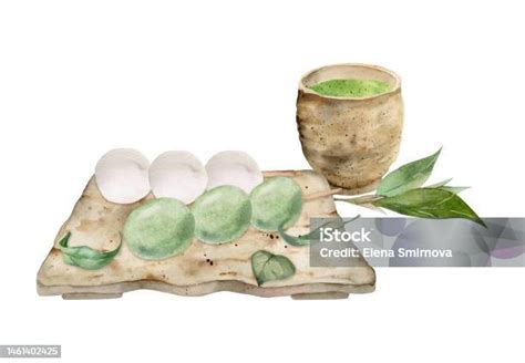 수채화 손으로 그린 일본 전통 과자 세라믹 접시 차와 잎과 와가시 흰색 배경에 격리 초대장 레스토랑 메뉴 인사말 카드 인쇄 섬유